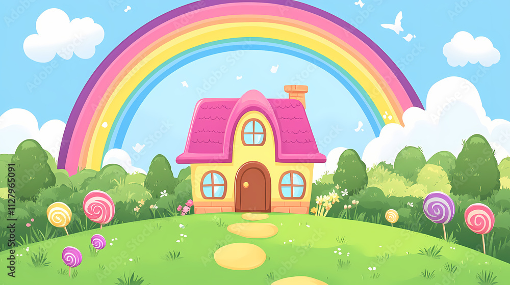 Candyland background with rainbow, candy house and lollipops on the ...