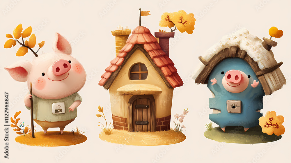 Fairytale series featuring three little pigs building houses out of ...