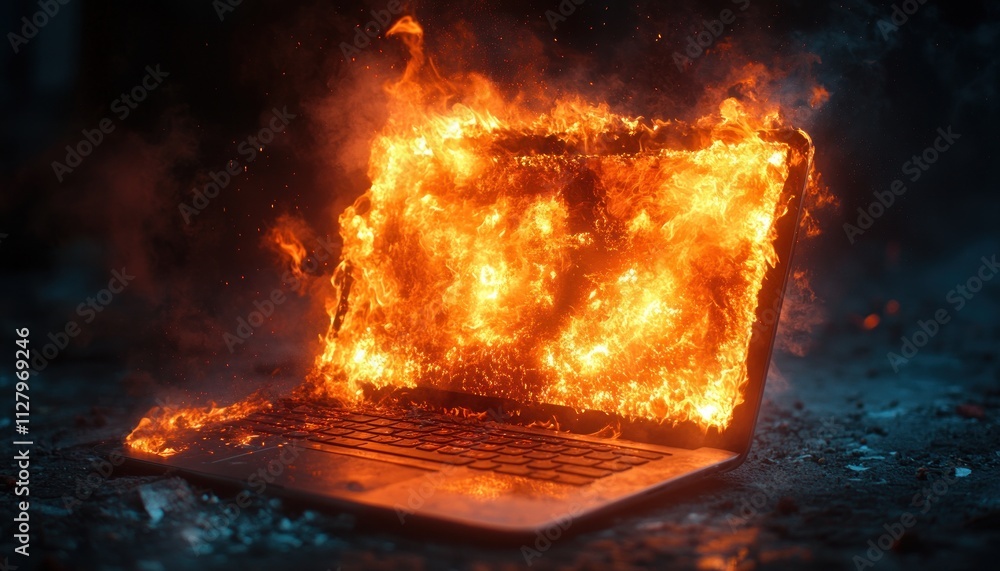 Fire Laptop Screen Dramatic Scene Hyper-Realistic DDoS Attack Website ...