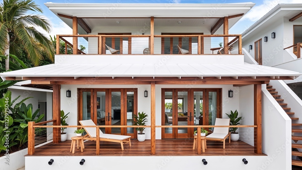 modern, two-story house with a tropical design. The structure features ...