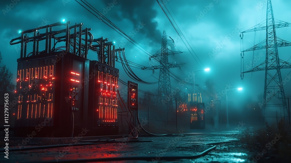 Futuristic power substation connected to high voltage transmission towers with glowing digital ...