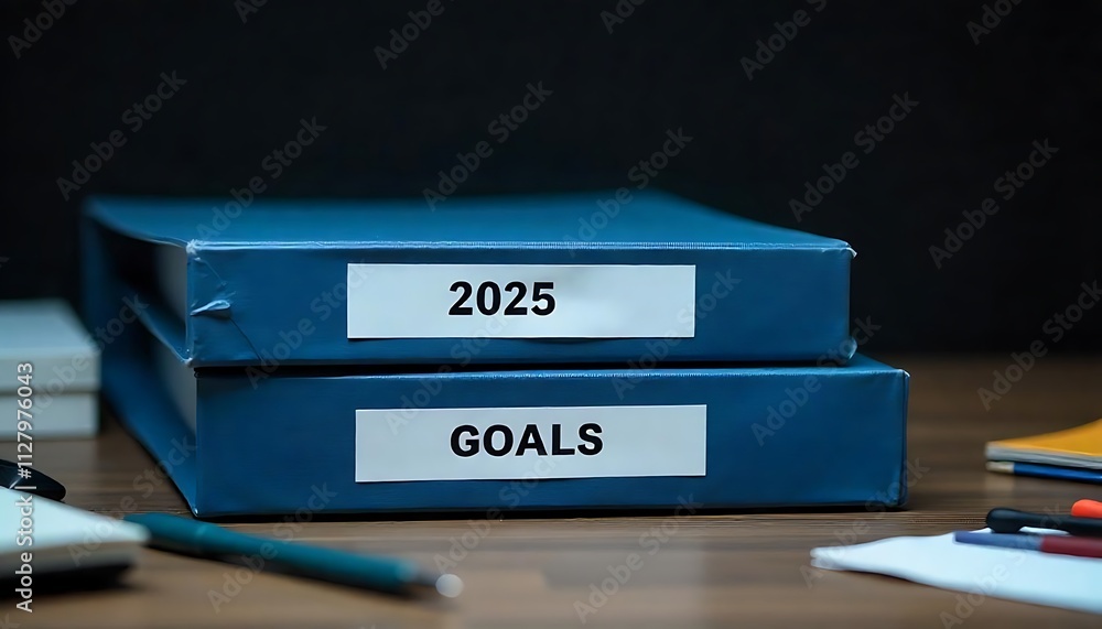 A blue folder labeled 2025 GOALS and the other is a white folder ...