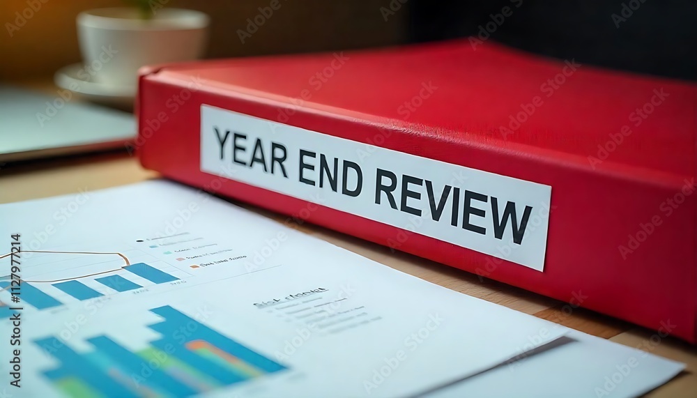 A red binder labeled YEAR END REVIEW on a desk with various financial ...