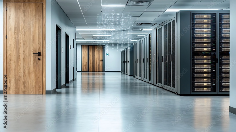 Photograph of a brightly lit data center floor with interconnected ...