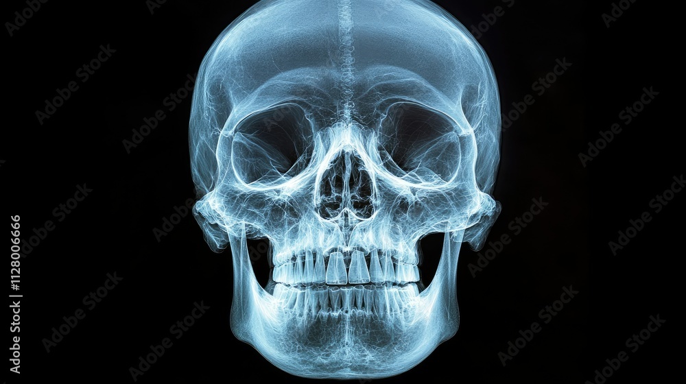 X-ray of a human skull, frontal view, isolated on black background ...