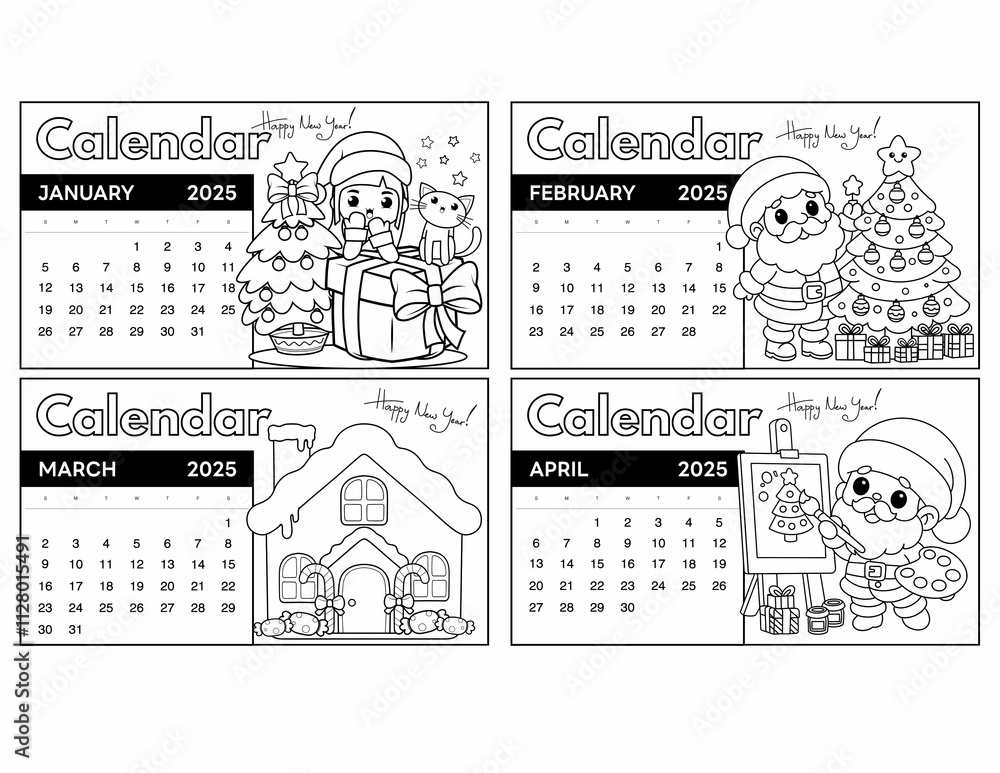 A 2025 calendar designed in a charming coloring page style, featuring ...
