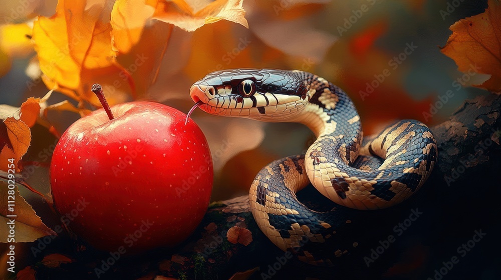 Snake Near Red Apple in the Garden of Eden; Original Sin and Temptation ...