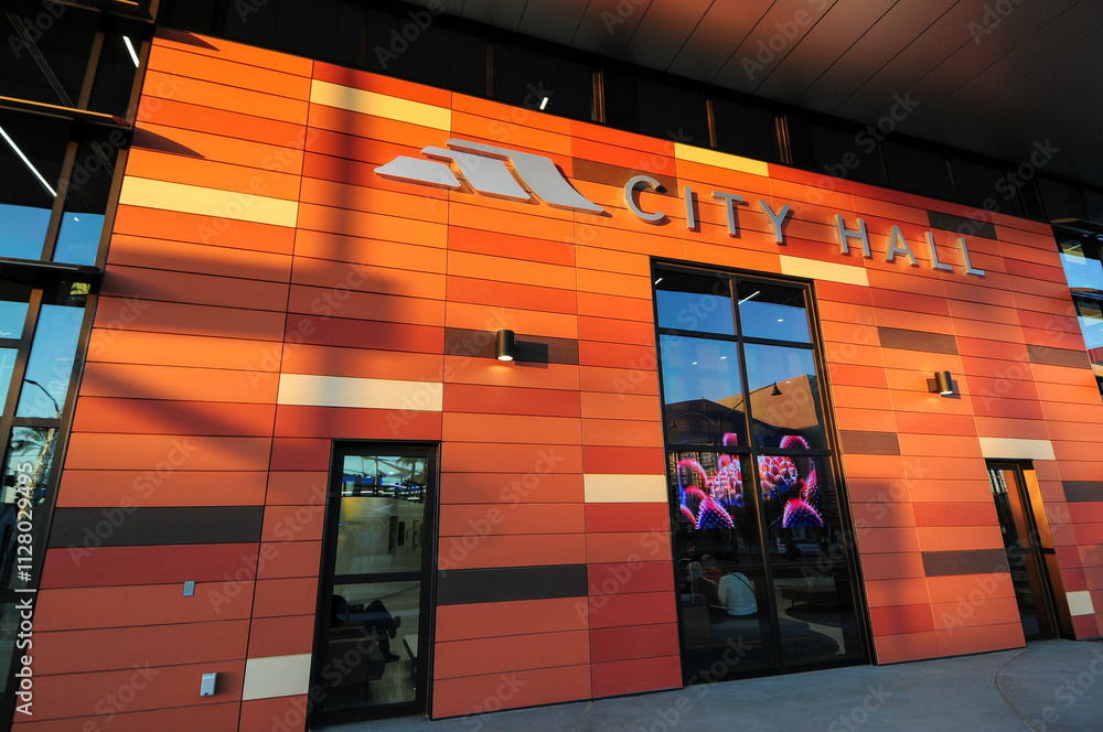 Partial frontal view of the Mesa City Hall building in downtown Mesa ...