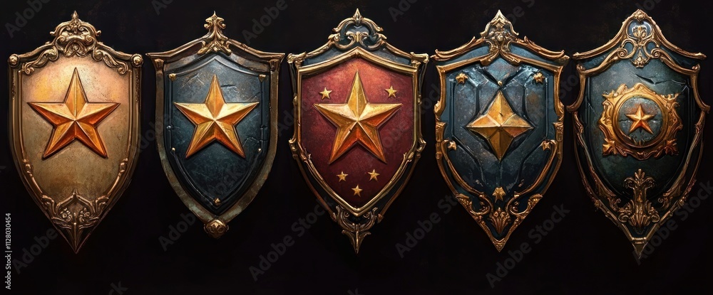 Foto de Stock Fantasy Game UI Design Shields with Golden Stars, Baroque ...