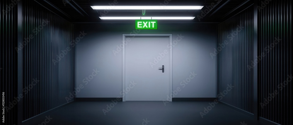 Dark hallway leading to an exit door illuminated by overhead lights ...