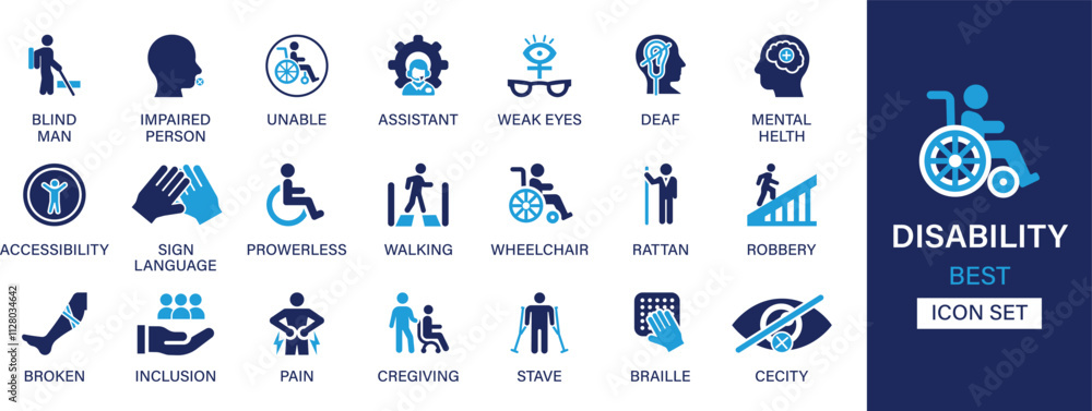 Disability best solid icon set collection. Blind, unable, weak eyes ...
