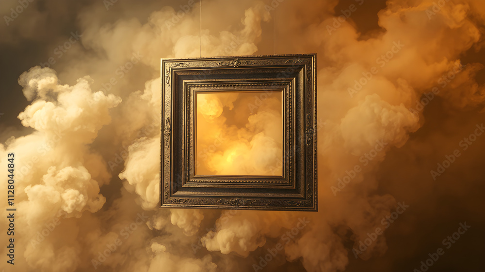 Floating bronze square frame in a smoky abstract environment ...