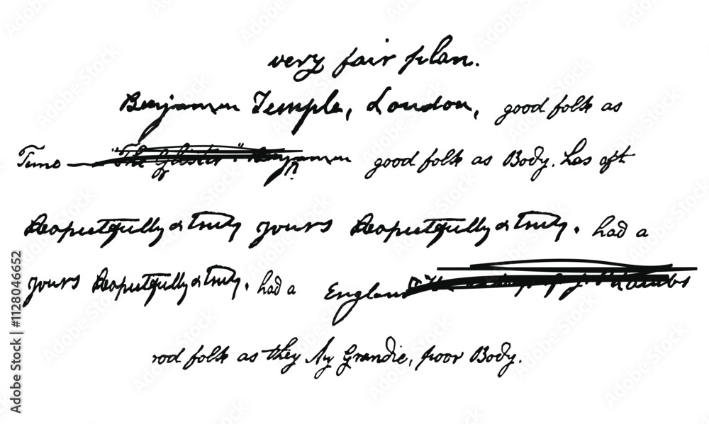 Unreadable handwritten text. Sweeping handwriting with crossed out ...