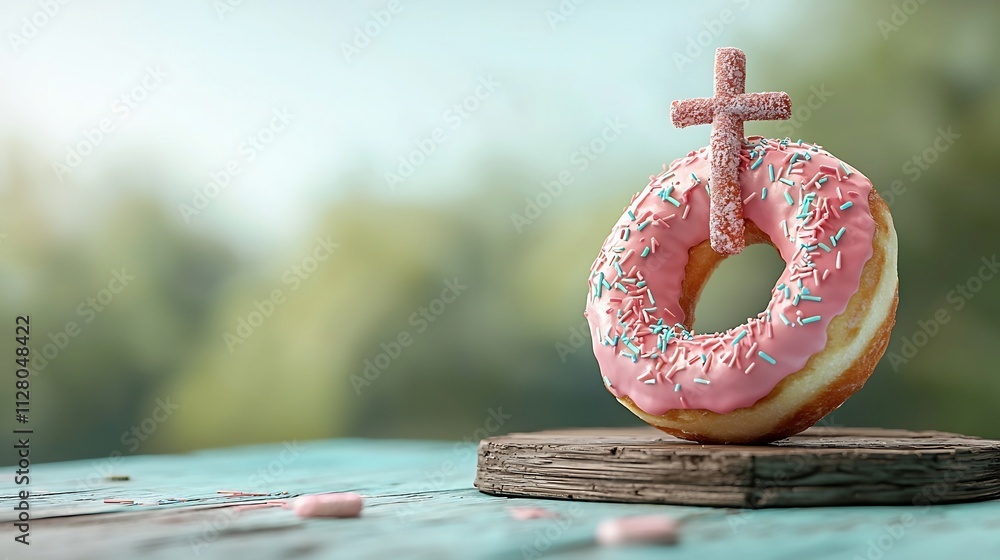 Minimalist photograph featuring a doughnut with a cross symbol drawn ...
