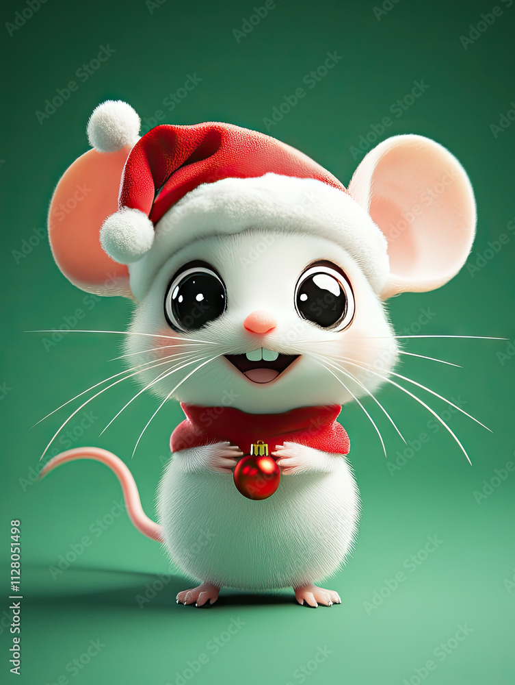 Chibi mouse, big eyes, smiling, wearing a Christmas hat, wearing a ...