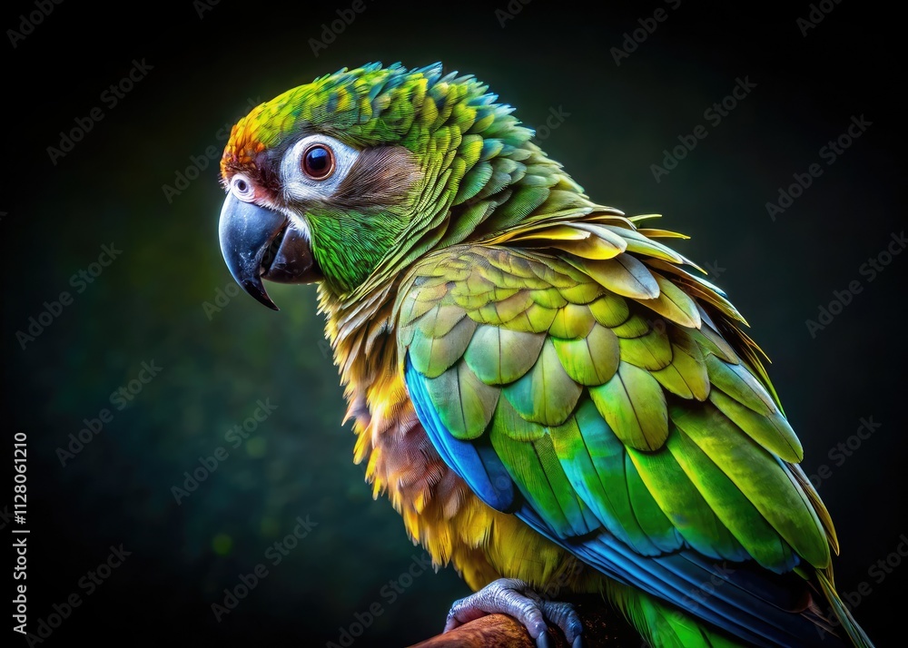 High-resolution wildlife photography captures a dusky conure preening ...