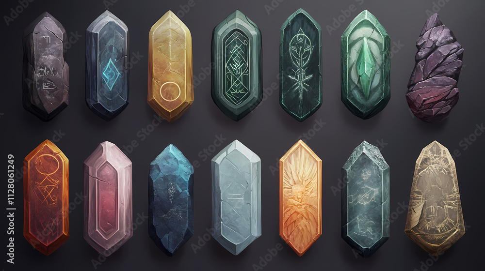 3d 2d icon of various different magic crystals for game design and ...