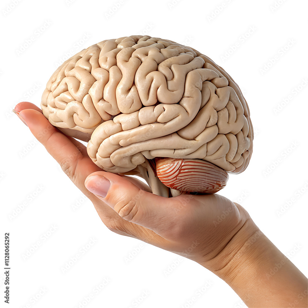 Hand holding human brain model showing detail science brain science PNG ...