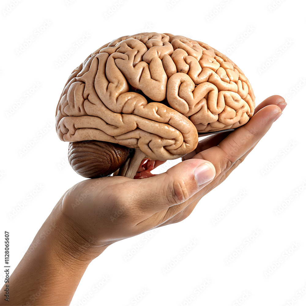Hand holding human brain model showing detail science brain science PNG ...
