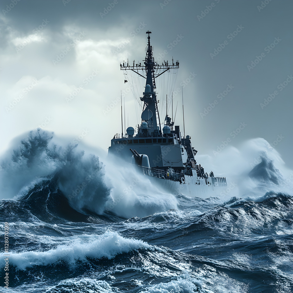 Warship navigating turbulent seas ocean action image stormy environment ...
