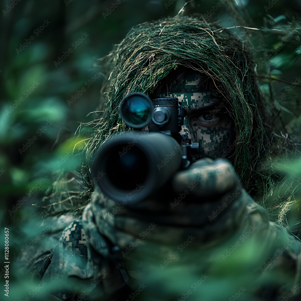 Military sniper action in dense forest tactical photo capture stealth ...