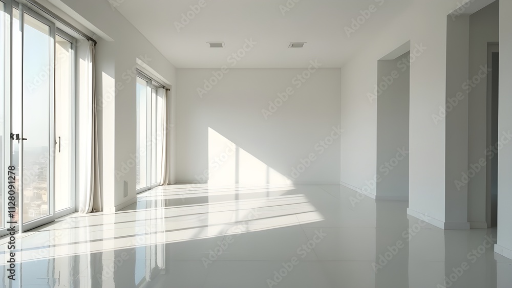 White empty studio room interior design white walls and corner tiled ...