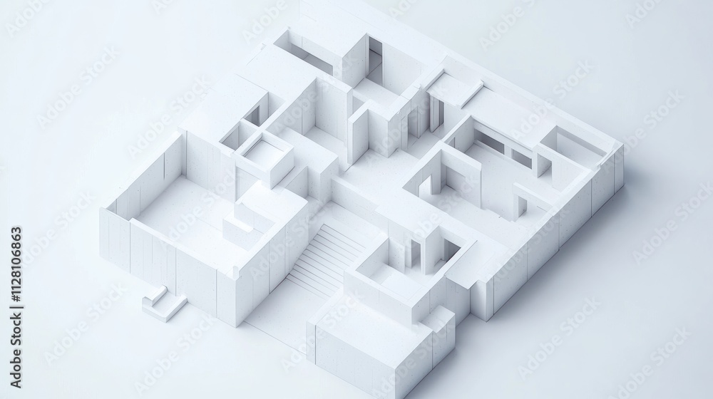 Isometric 3D model of a minimalist white building floor plan. Stock ...