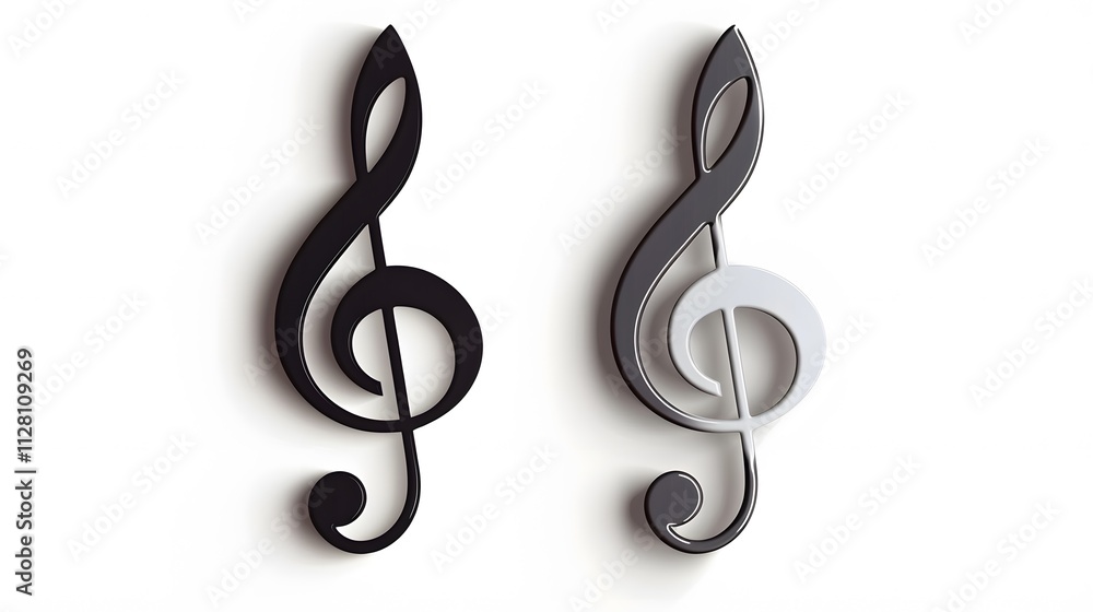 Two 3D treble clef musical symbols, black and grey, on a white ...