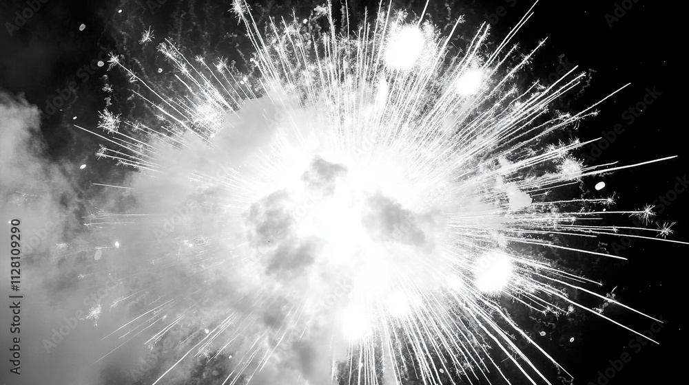 Dramatic black and white explosion with white smoke and debris, high ...