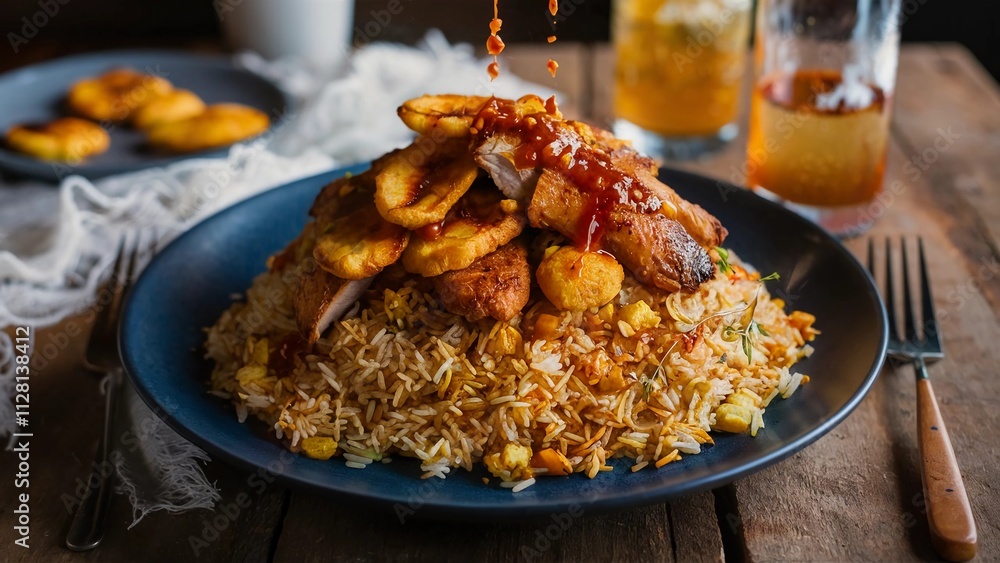 ภาพถ่าย Stock Rustic table Jollof rice African cuisine grilled chicken ...
