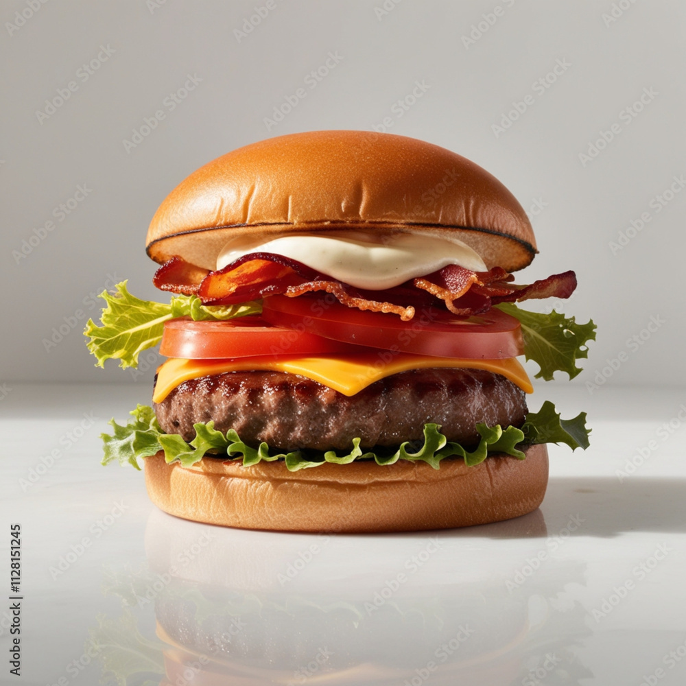 Classic Beef Burger Isolated pieces on a white background Shows soft ...
