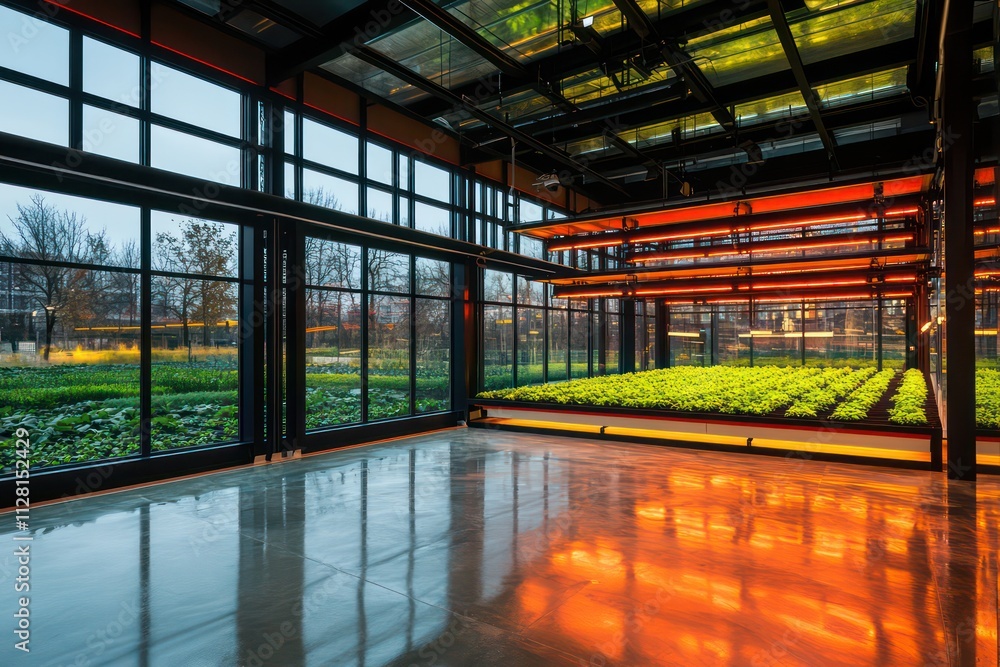 A multi-story, urban vertical farm with floor-to-ceiling glass walls ...