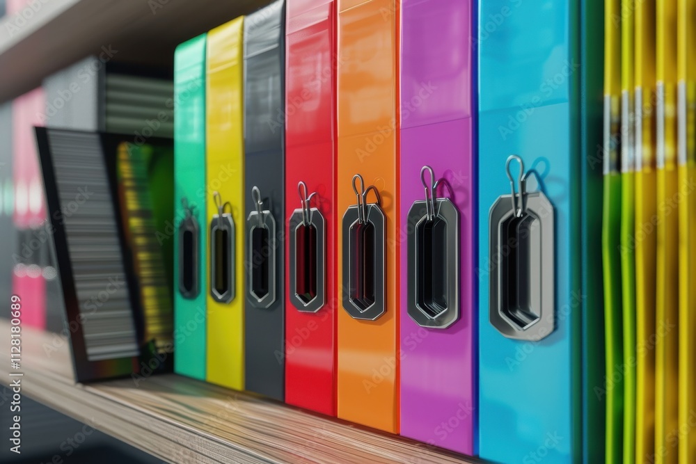 Colorful binders neatly arranged on a shelf in a modern office setting ...