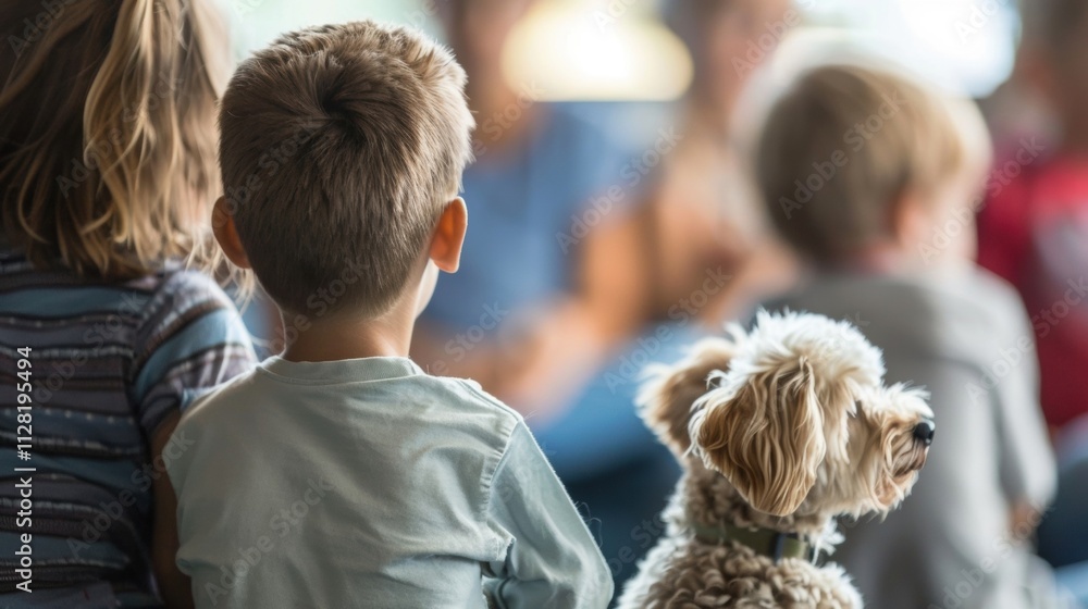Faint outlines of excited children and their furry companions as they ...