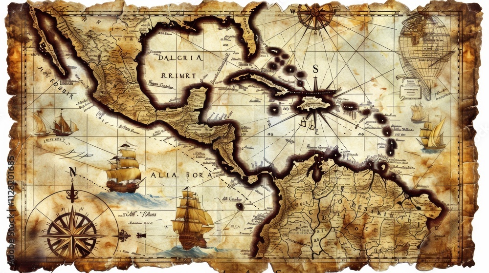 Antique Treasure Map of the Caribbean Islands, depicting sailing ships ...