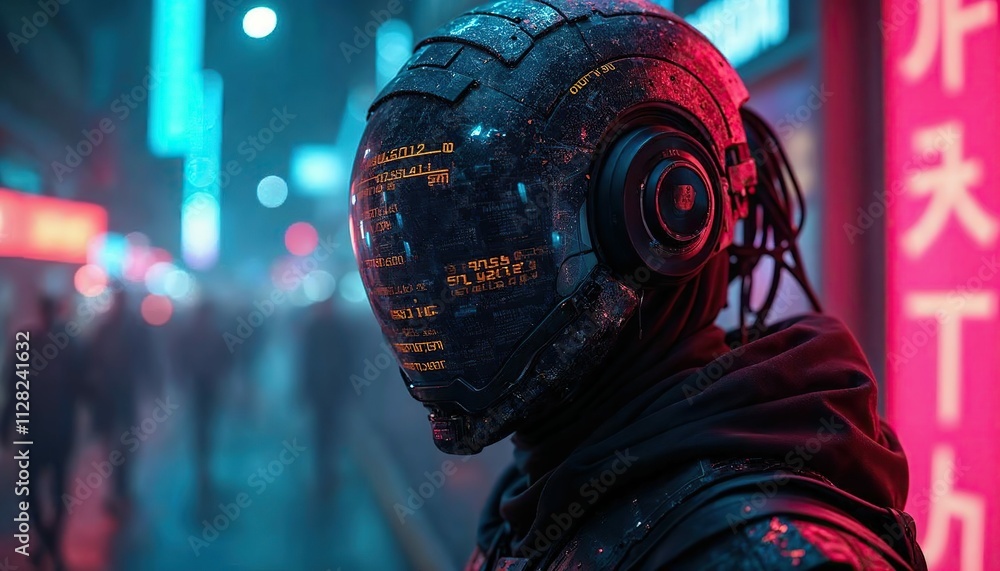 Cyberpunk Cityscape: A lone figure, shrouded in futuristic armor and a ...