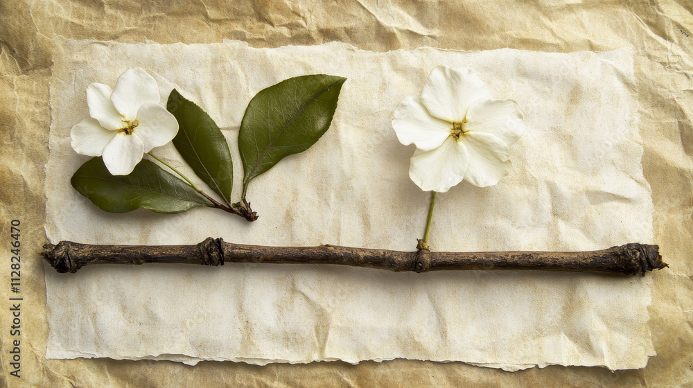 "A minimalist arrangement of two slender twigs and a single white ...