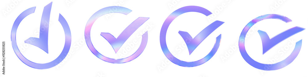 Set of 4 3d glass check mark in a circle outline shape with aberration ...