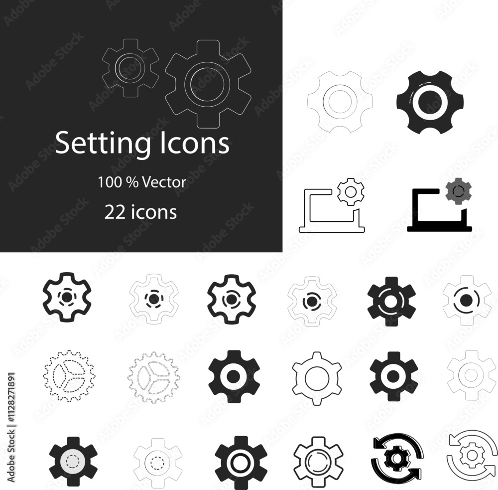 Setting icon Black and White dashed outline and fill Stock Vector ...
