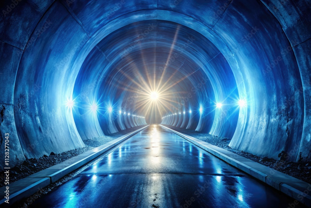 Mystical white light beams through a surreal blue tunnel; a double ...