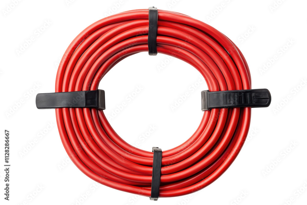 Red electrical extension cord coiled neatly for storage and easy access ...