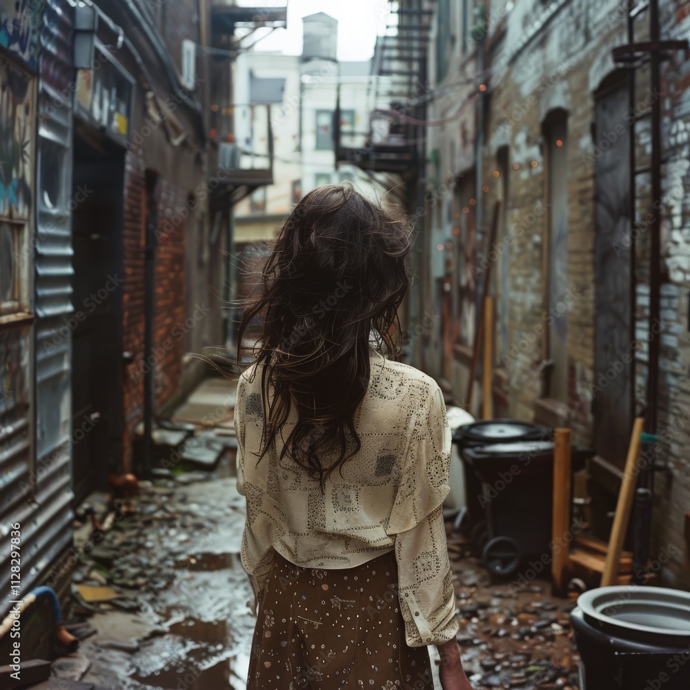Moody Urban Alleyway Scene with Woman in Vintage Clothing Walking ...