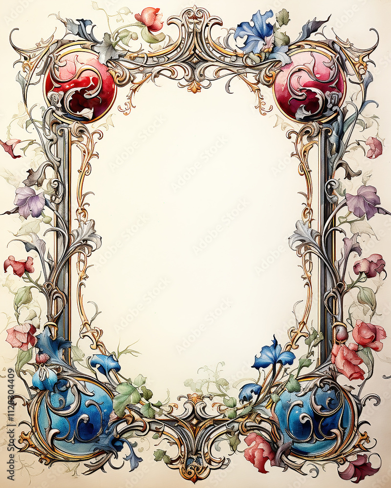 Medieval floral style page border with flowers and vines in muted ...