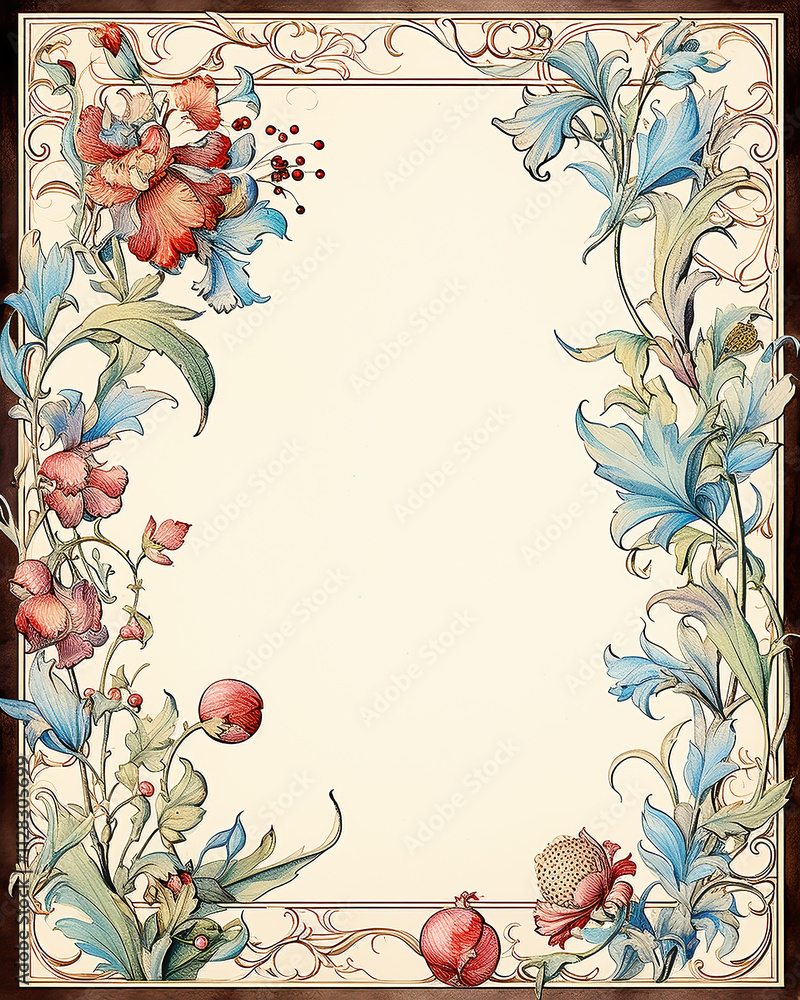 Medieval floral style page border with flowers and vines in muted ...