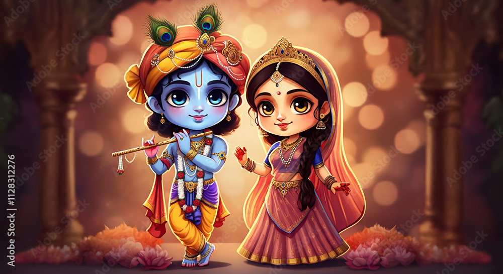 Chibi-style illustration of Lord Krishna playing the flute with Goddess ...