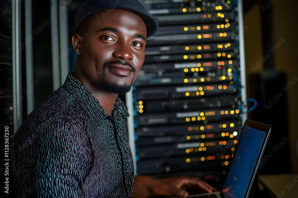 It support or friendly African engineer fixing computer network setup ...