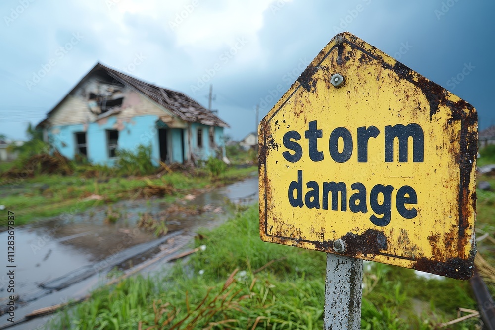 Storm damage warning sign in front of a destroyed house after hurricane ...