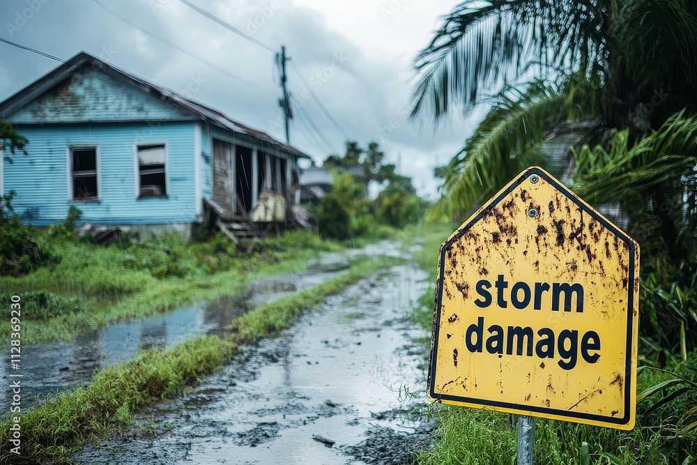 Storm damage warning sign in front of a destroyed house after hurricane ...