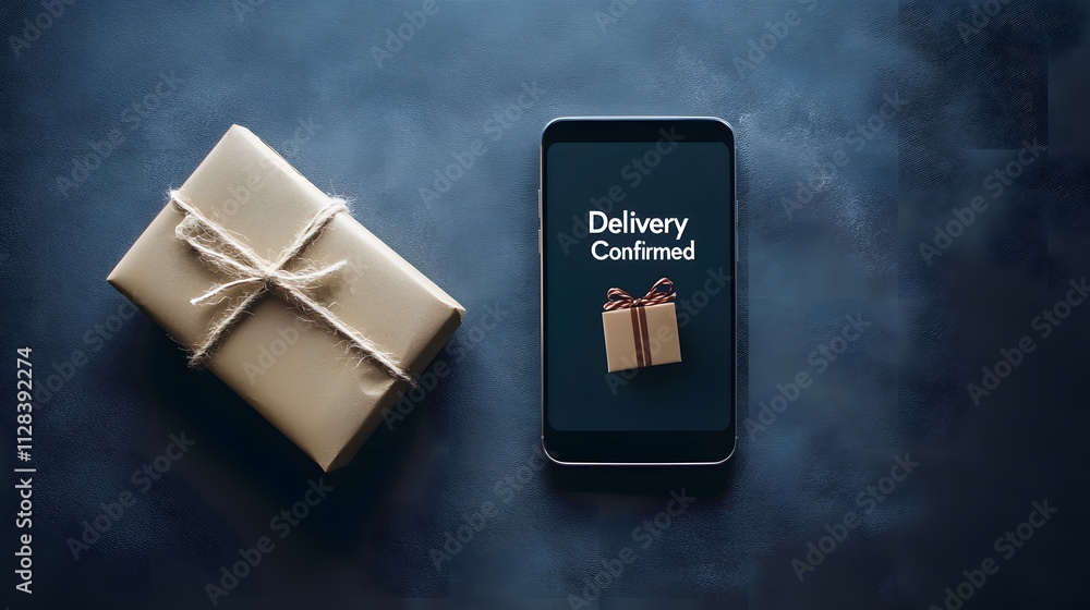 Smartphone displaying delivery confirmation message alongside wrapped ...