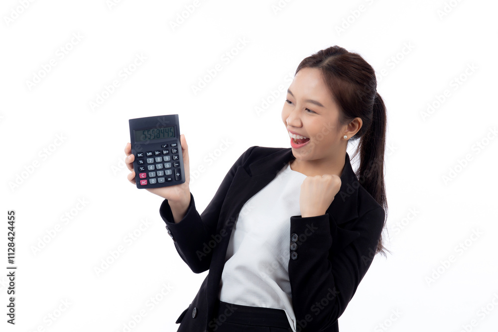 Portrait young asian businesswoman using calculator for calculate ...
